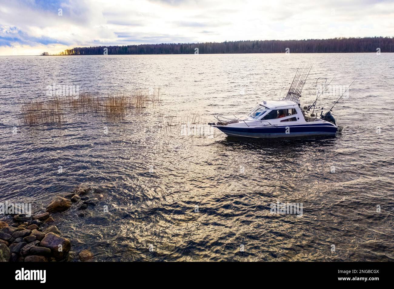 Aerial view fisherman on boat at the ocean. Top view beautiful seascape ...