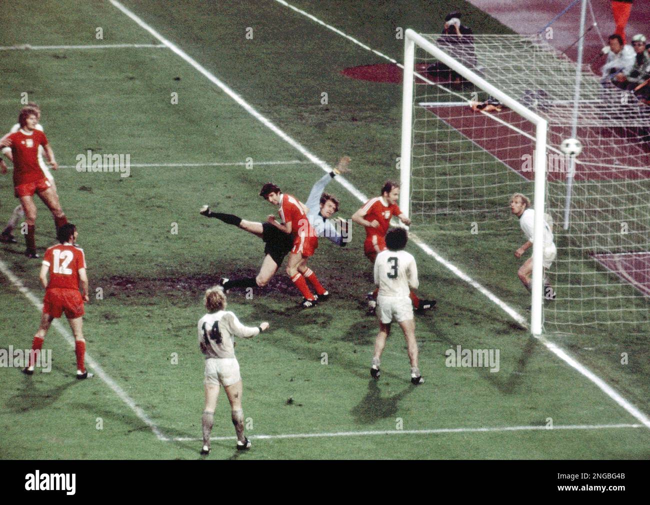 Poland's goalkeeper Jan Tomaszewski dives to clear a corner kick during ...