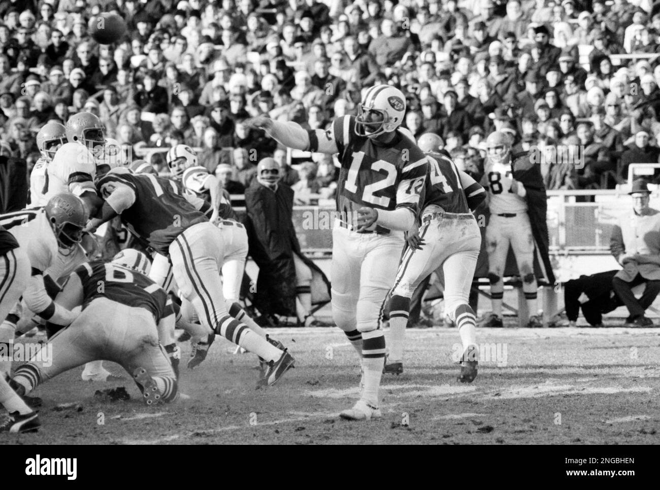 New York Jets' quarterback Joe Namath (12) is seen in action in 1968 ...