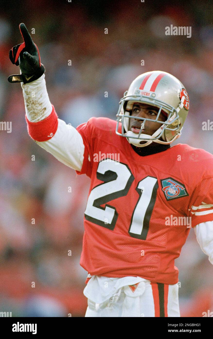 San Francisco 49ers cornerback Deion Sanders gestures during the NFC ...