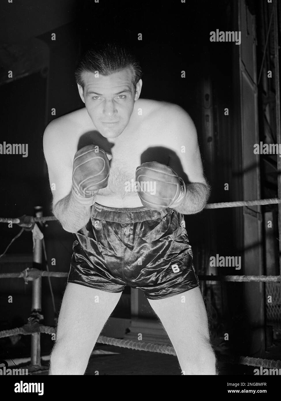 Heavyweight boxer Buddy Baer poses Jan. 2, 1942, where he is training for his fight with Joe ...