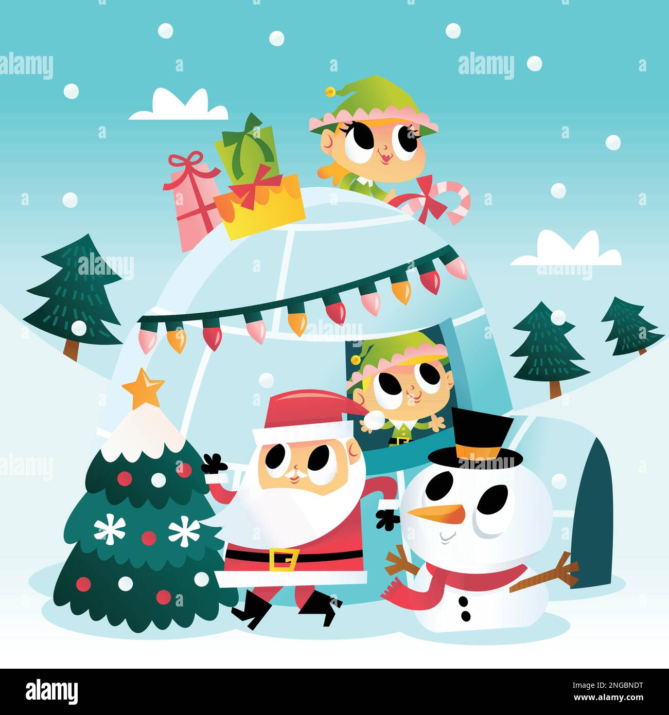 A cartoon vector illustration of a christmas santa and elves around an ...