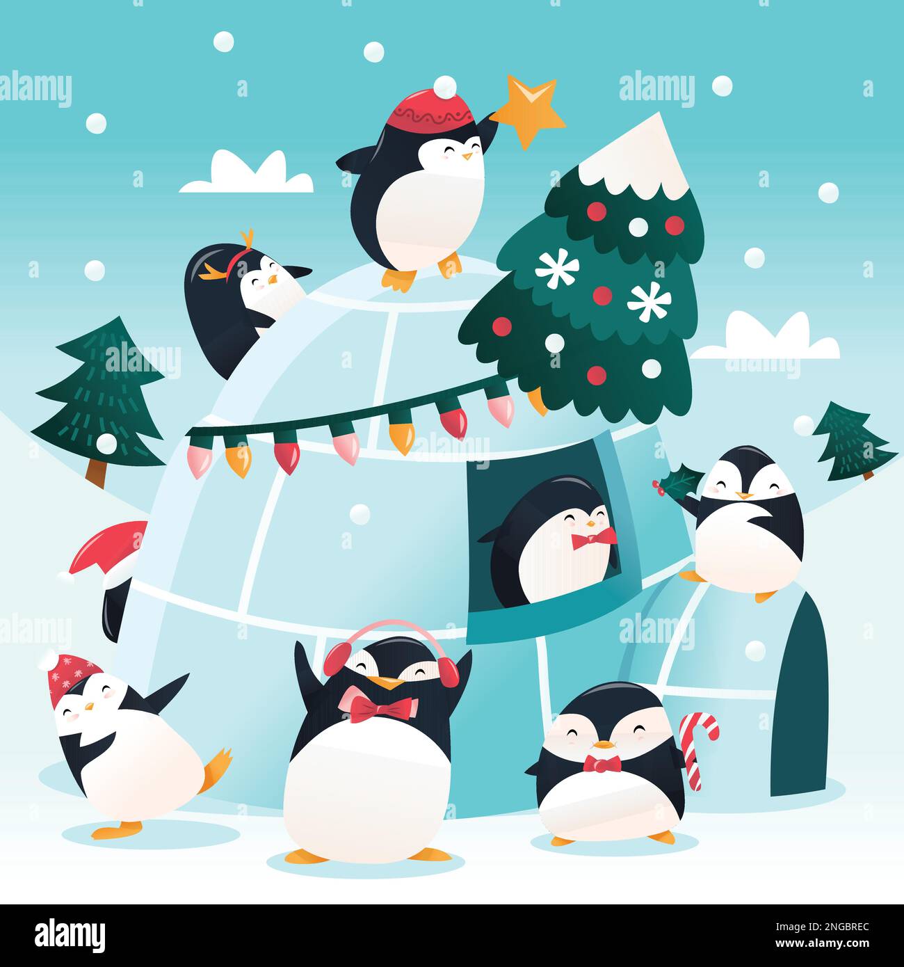 A cartoon vector illustration of a group of cute penguins christmas ...