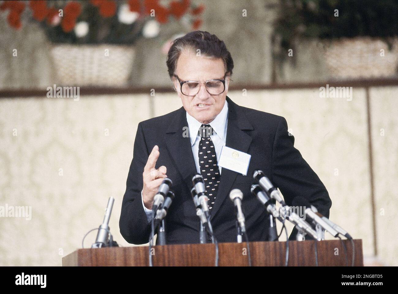 The American evangelist Rev. Billy Graham speaks in Moscow, May 1982 ...