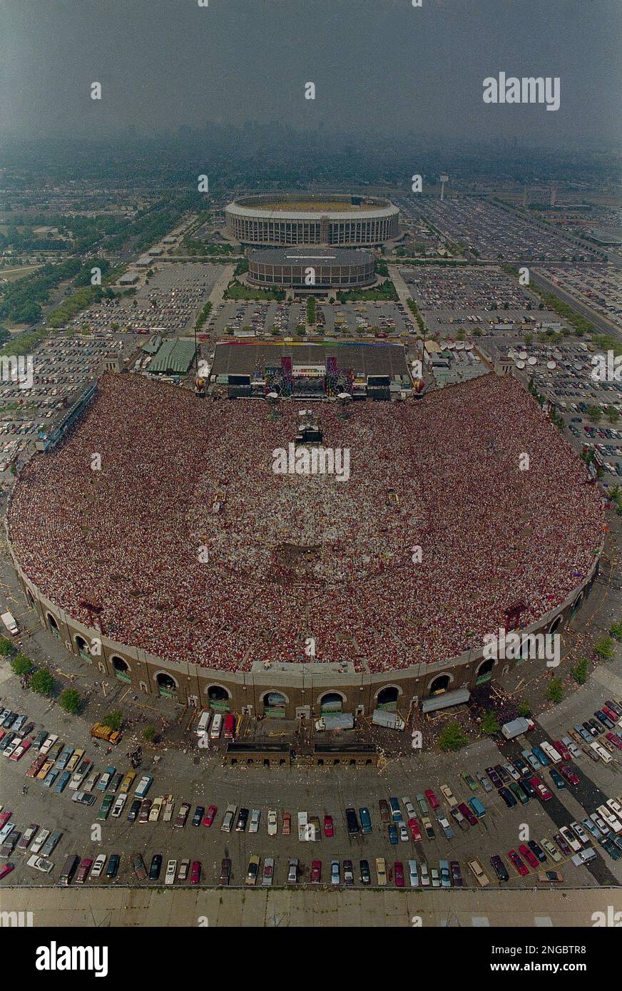An overhead aerial view of the crowd at JFK Stadium in Philadelphia, Pa ...
