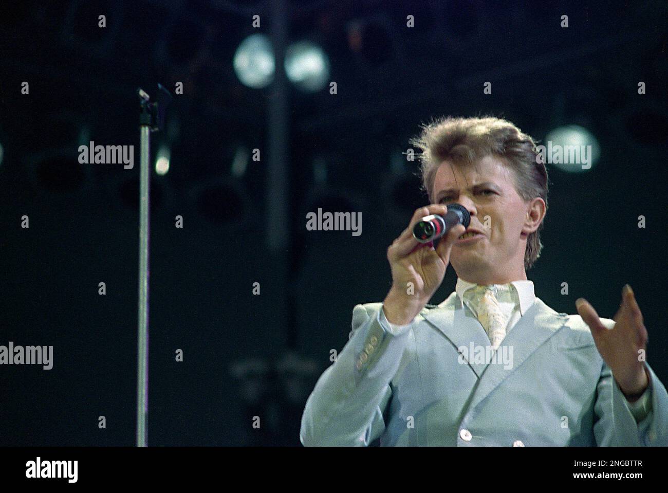 British singer David Bowie performs at Live Aid famine relief concert ...