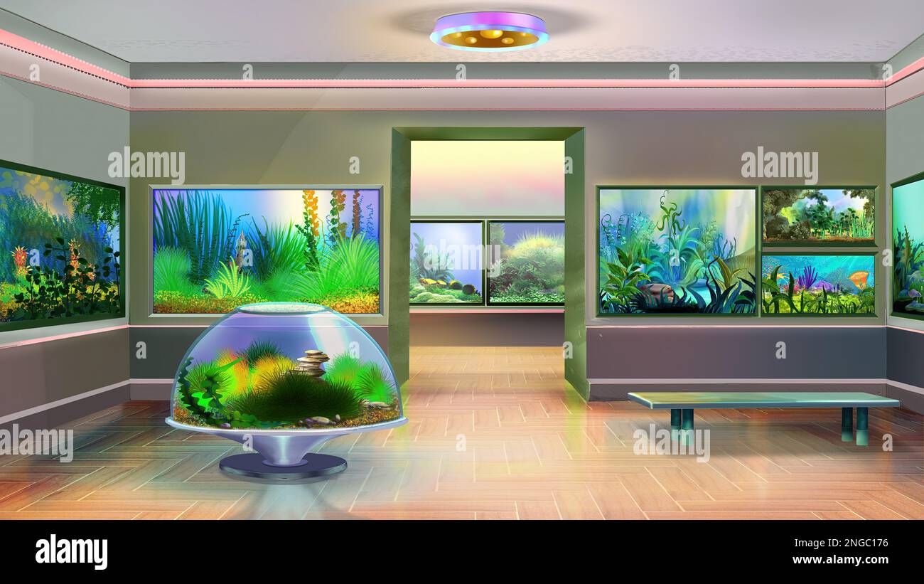 Aquarium fish shop interior. Digital Painting Background, Illustration ...
