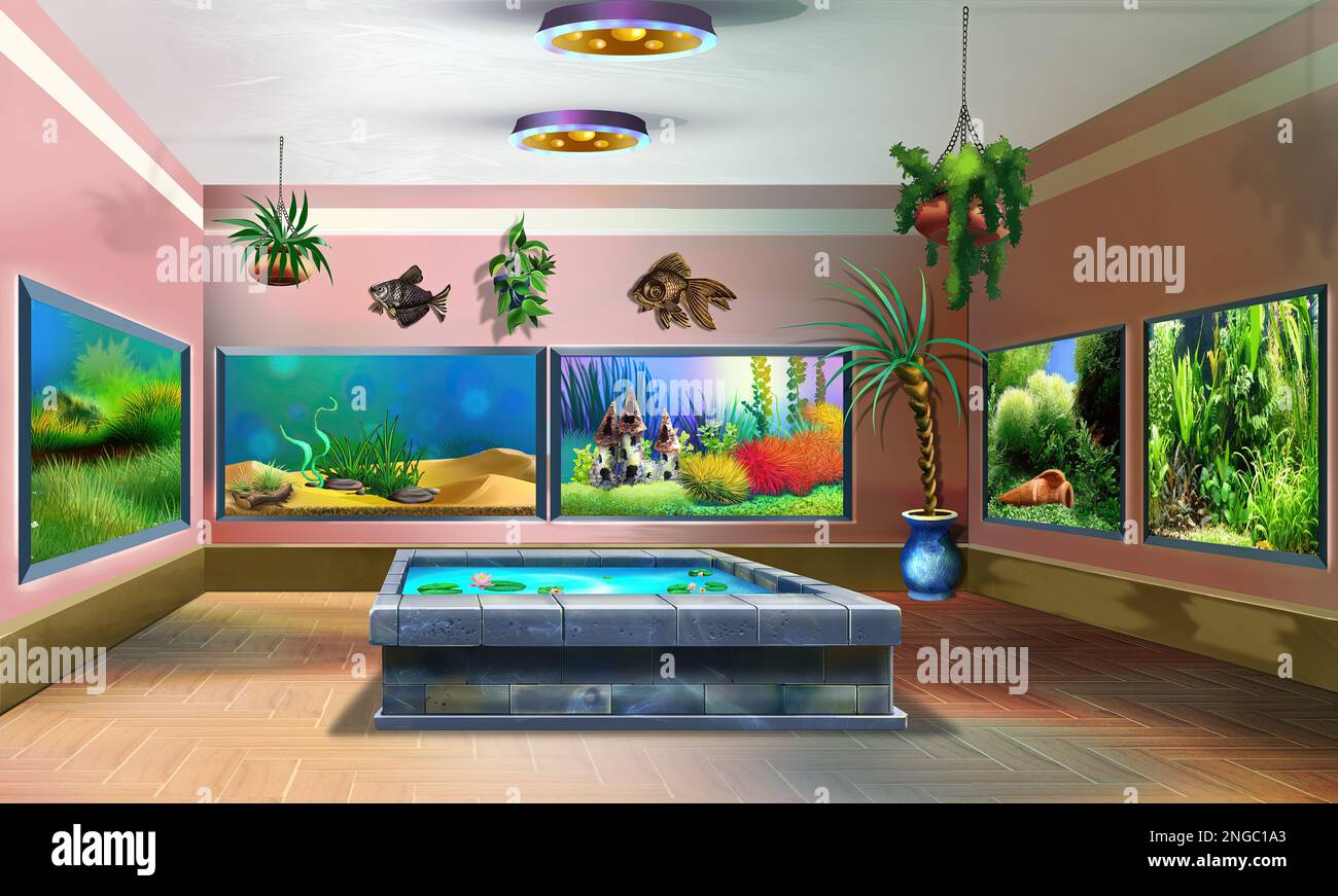 Aquarium fish shop interior. Digital Painting Background, Illustration ...