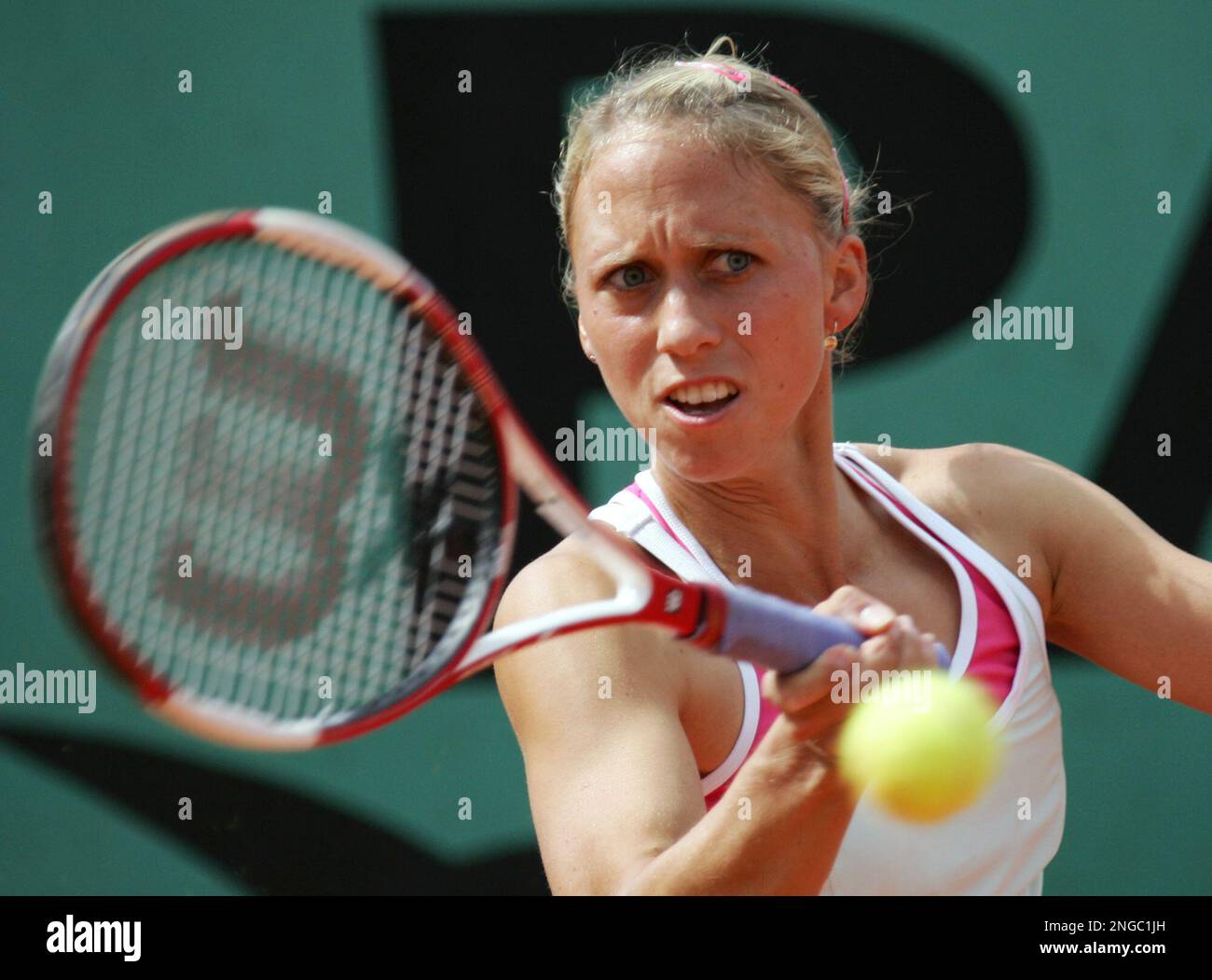 Germany's Julia Schruff slams a forehand to Japan's Shinobu Asagoe ...