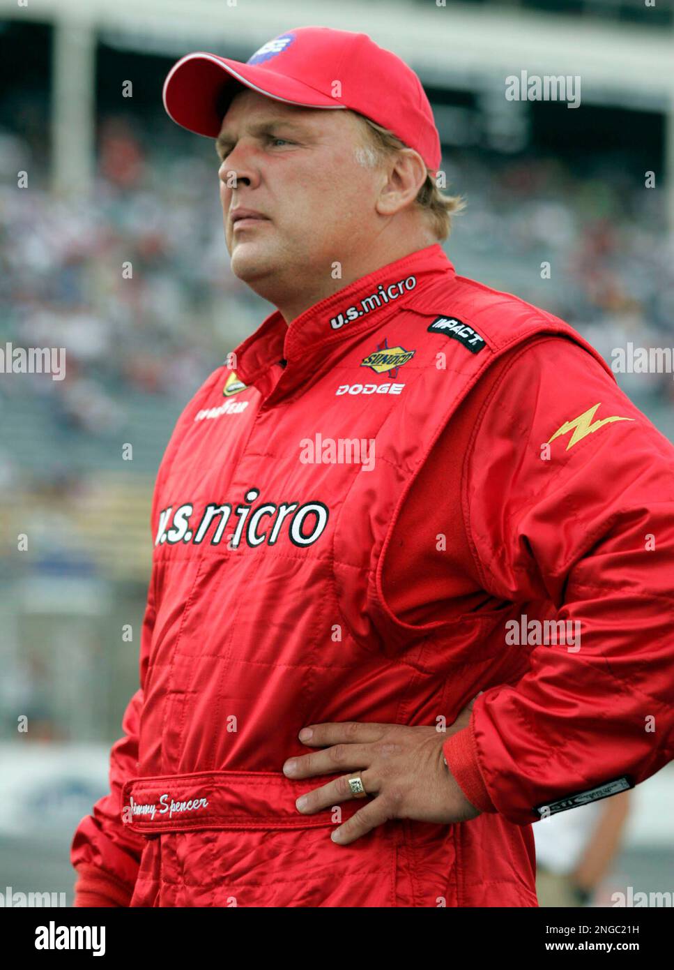 Driver Jimmy Spencer waits to qualify at Lowe's Motor Speedway in ...