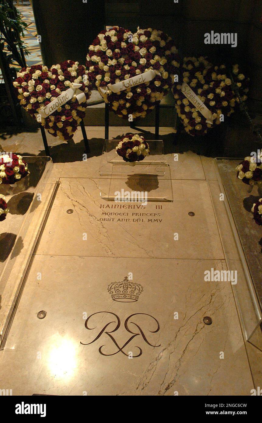 Prince Rainier's grave is seen in the Monaco cathedral Saturday, April ...