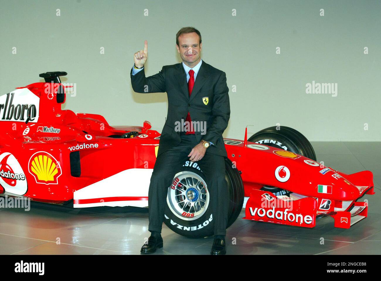 Ferrari driver Rubens Barrichello from Brazil poses with the new ...
