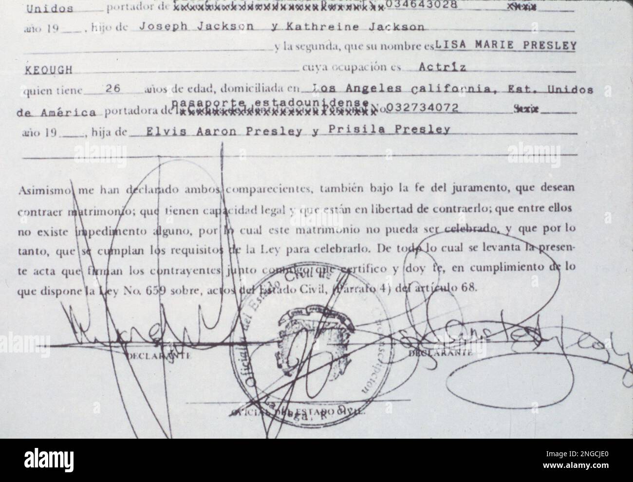 The signatures purported to be those of Michael Jackson and Lisa Marie ...