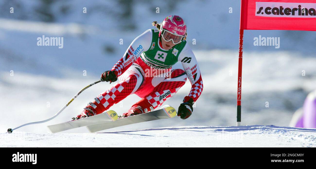 Croatia's Janica Kostelic makes a jump as she skis to the gold medal ...
