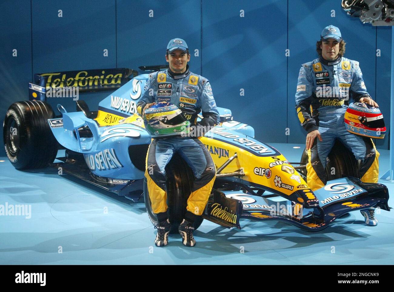 Renault Formula One drivers, Fernando Alonso of Spain, right, and Giancarlo Fisichella of Italy ...