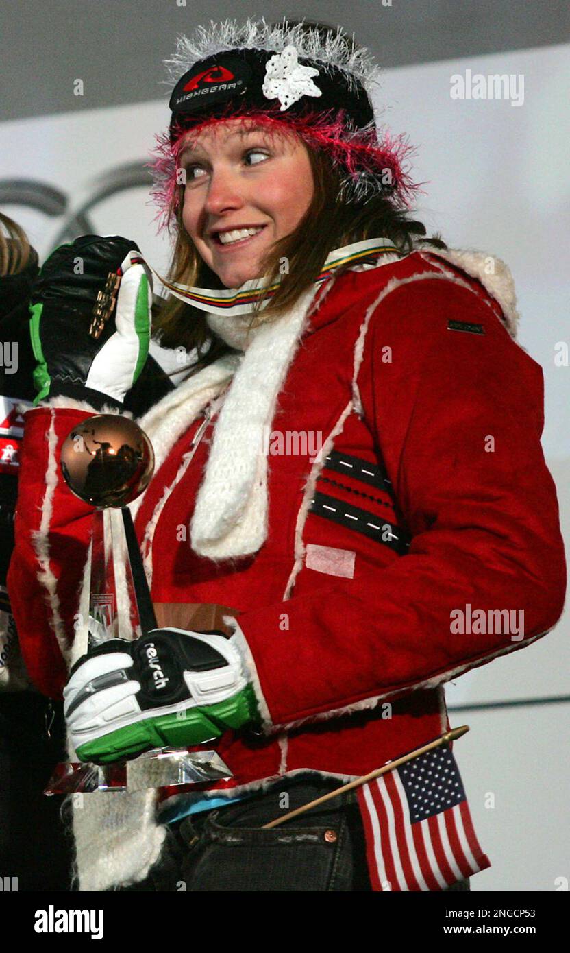 Super-G bronze medallist Julia Mancuso of the United States smiles ...
