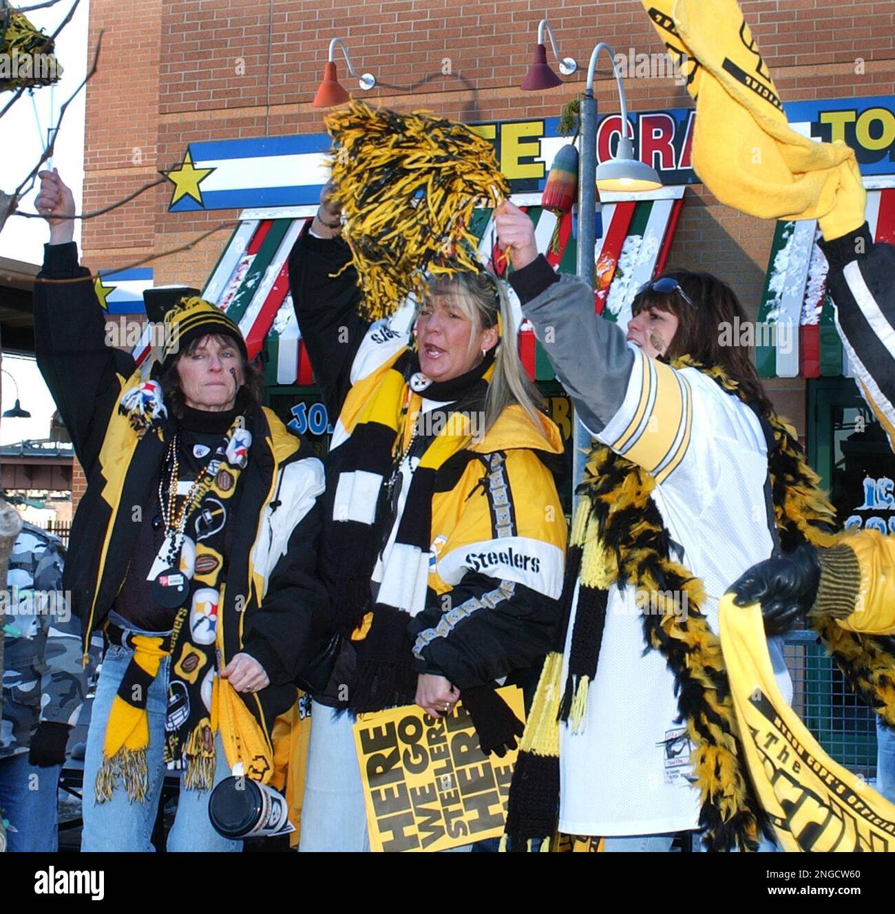 Pittsburgh Steelers fans MaryLou Cain, right, Penny Martin, center, and ...