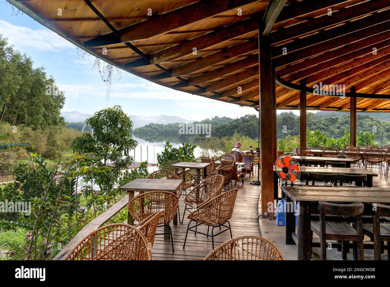Restaurant with all-wood architecture at the Little Village tourist ...