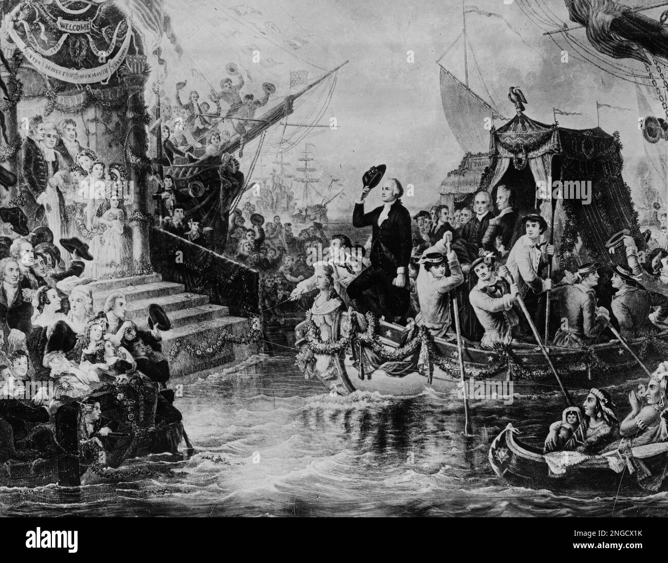 This drawing depicts George Washington arriving in New York by barge on ...