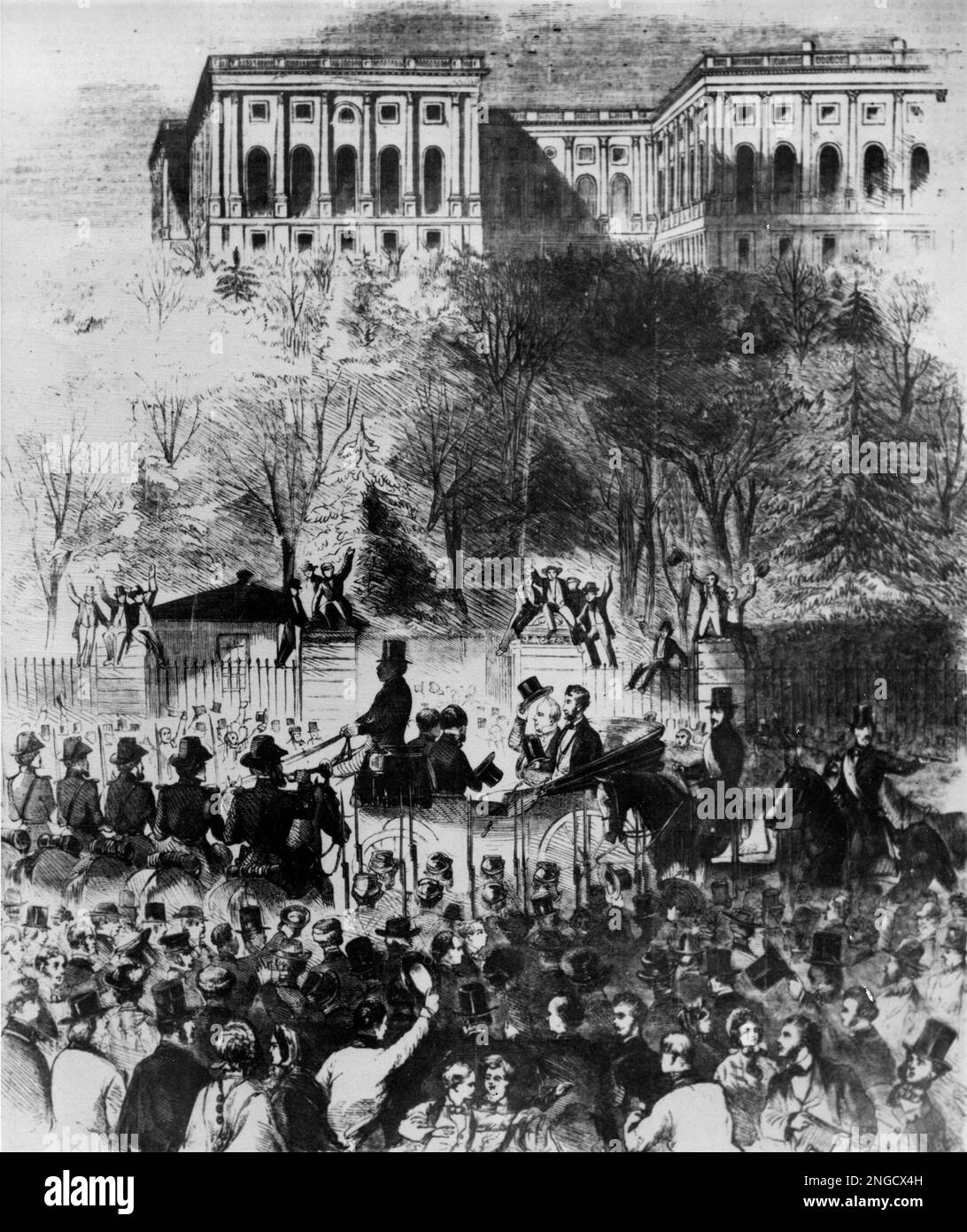 This drawing shows Abraham Lincoln's inaugural procession passing the ...