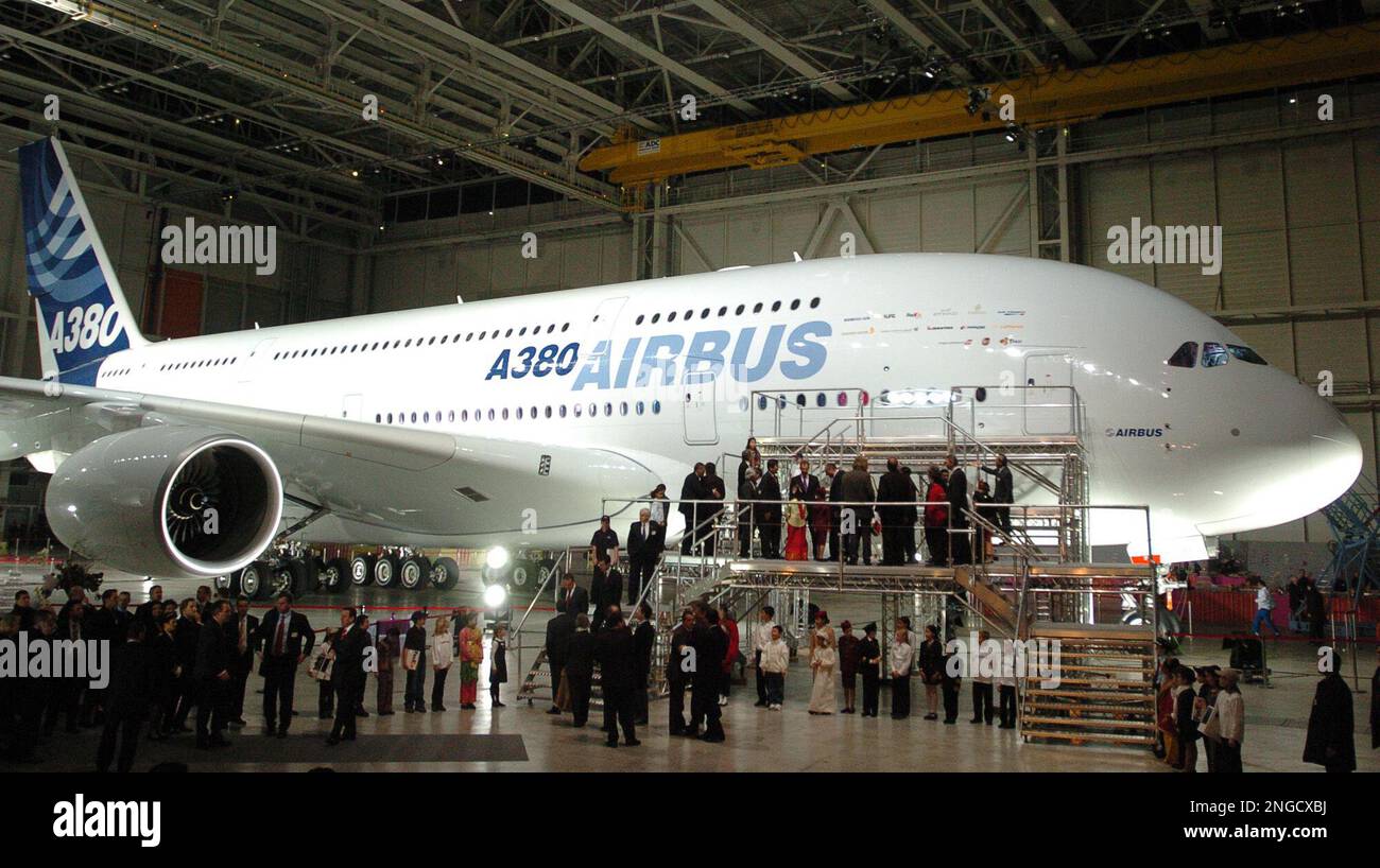 The new Airbus A380 superjumbo is seen after the unveiling ceremony near Toulouse, southwestern ...