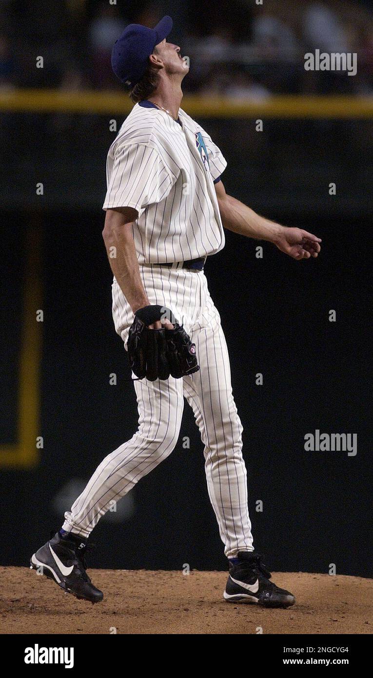Arizona Diamondbacks starting pitcher Randy Johnson watches the ball ...
