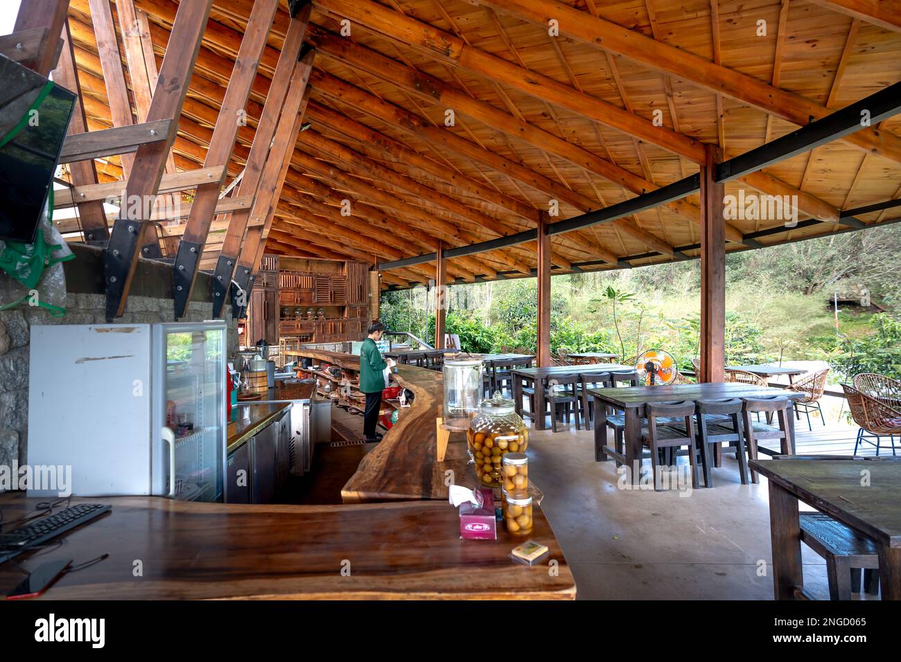 Restaurant with all-wood architecture at the Little Village tourist ...