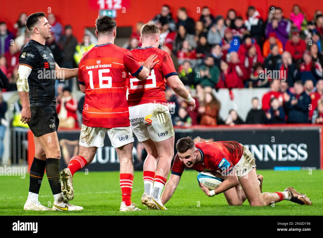 Limerick, Ireland. 17th Feb, 2023. Shane Daly of Munster scores a try ...