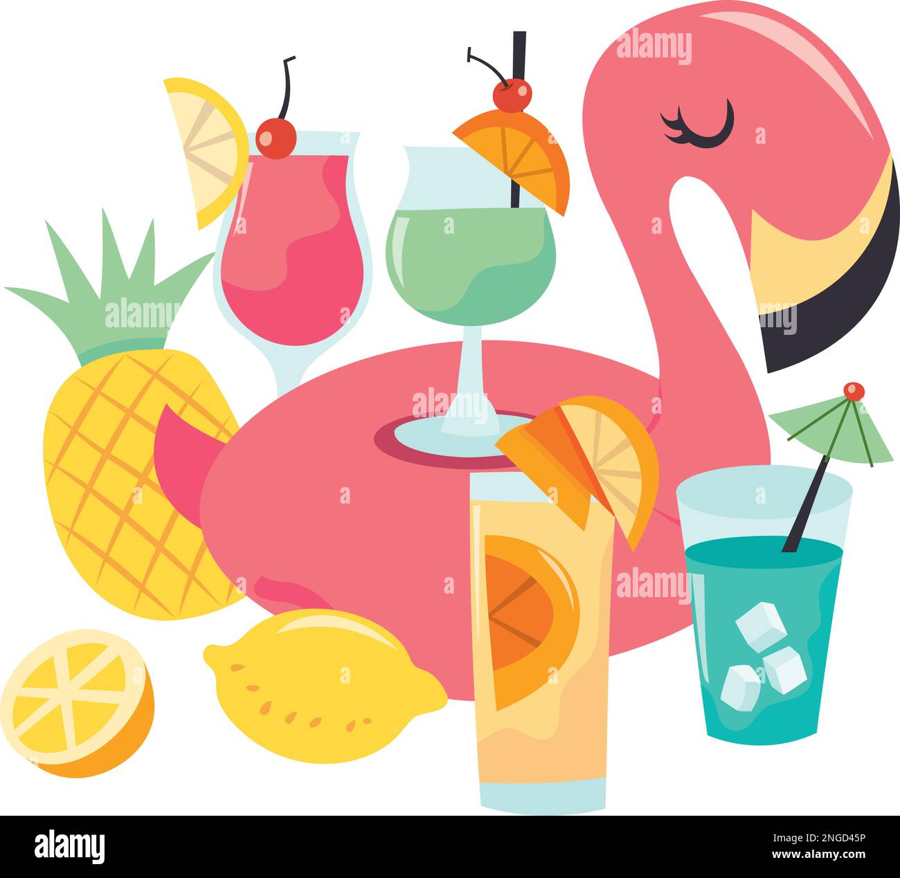 A cartoon vector illustration of a bunch of summer cocktails around a ...