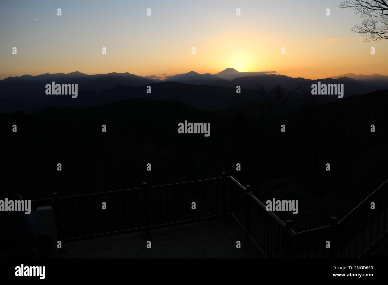 Sunset over Mount Fuji viewed from Mount Takao in Tokyo, Japan Stock ...