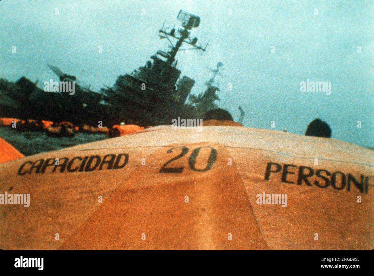 Argentinian cruiser General Belgrano sinks, amid orange life rafts ...