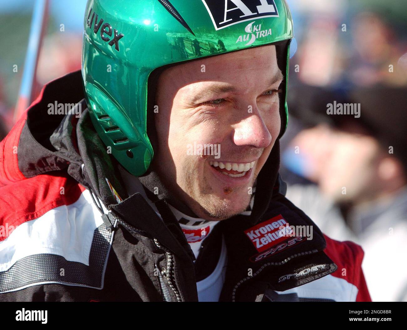 Austrian ski racer Fritz Strobl is all smiles in the finish area after ...