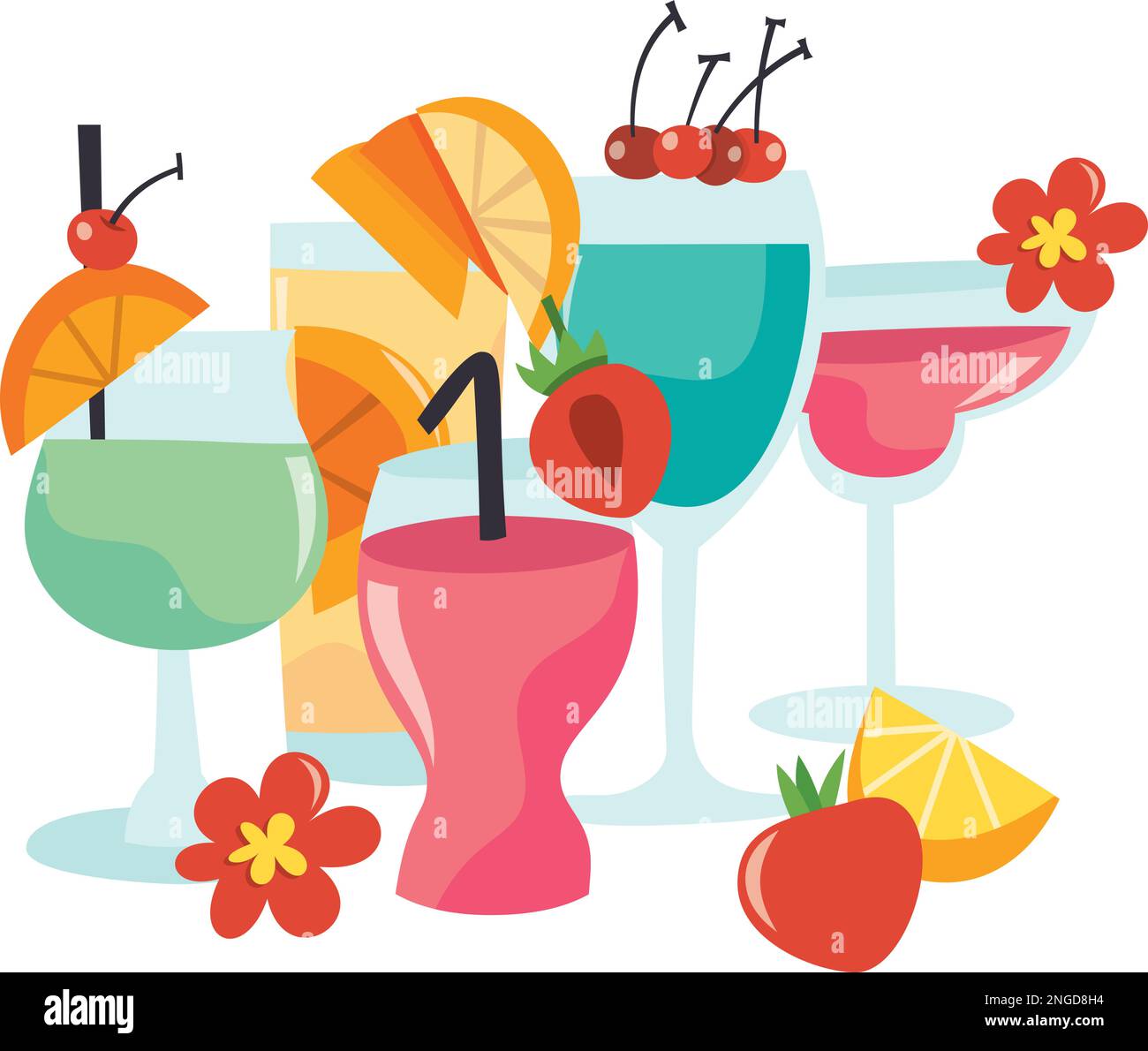 A cartoon vector illustration of various colorful cocktail drinks in a ...