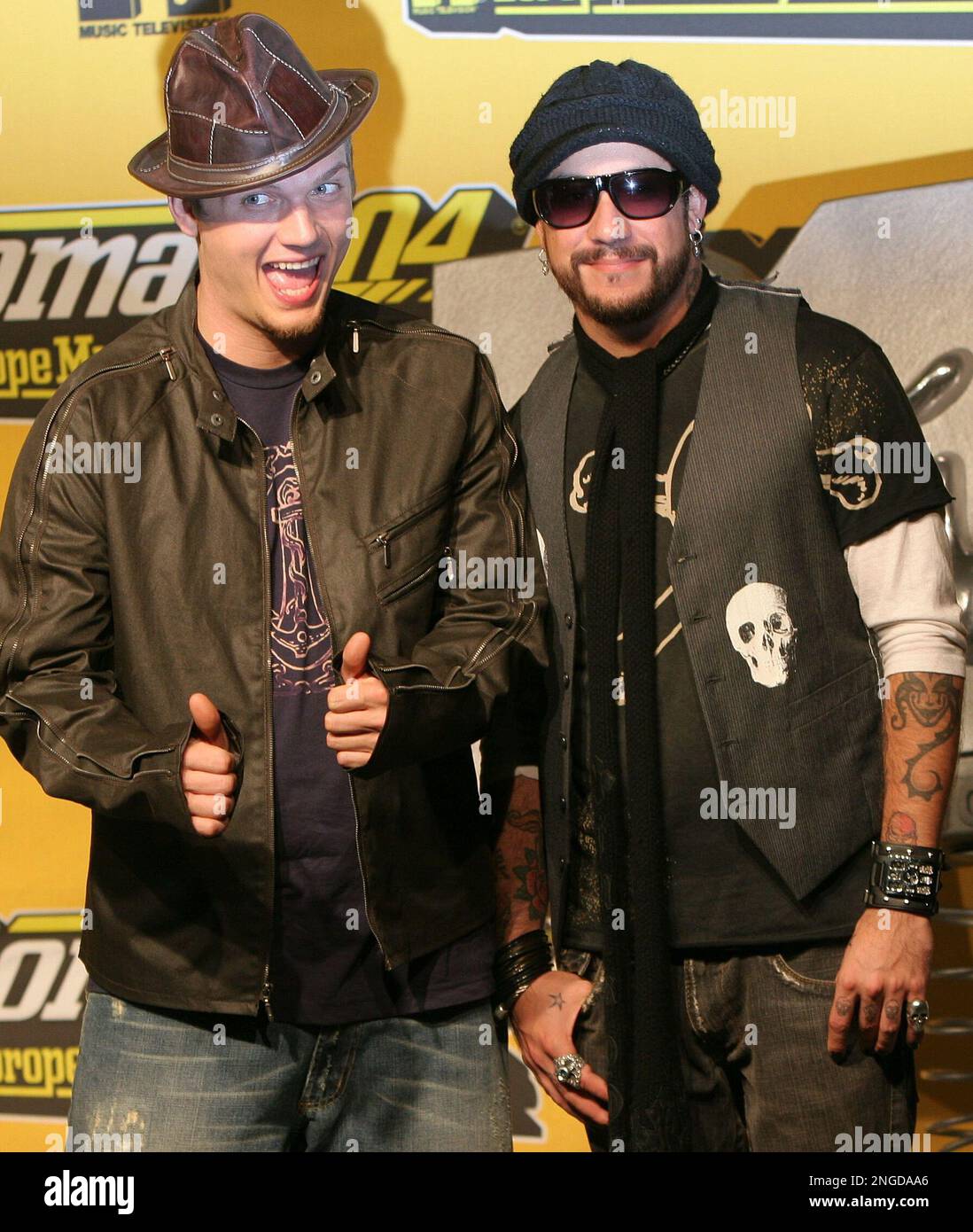 Nick Carter, left, and AJ McLean poses during the MTV awards ceremony ...