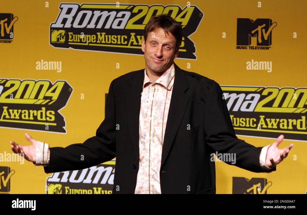 Skateborder Tony Hawk poses during the MTV awards ceremony in Rome ...