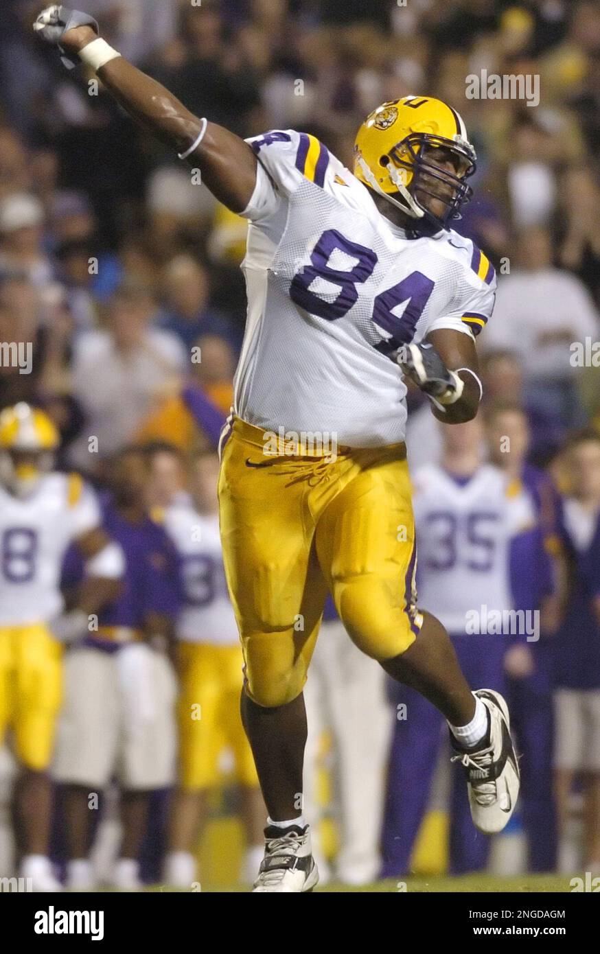 LSU defensive end Marcus Spears (84) celebrates after sacking ...
