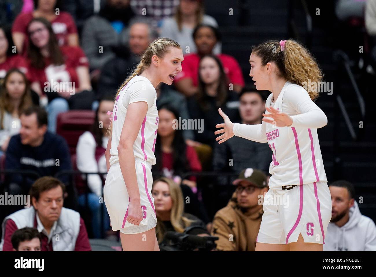 Stanford forward Cameron Brink, left, reacts after blocking a Southern ...