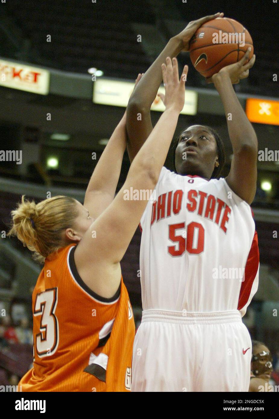 Ohio State's Jessica Davenport (50) takes a shot over Bowling Green's ...