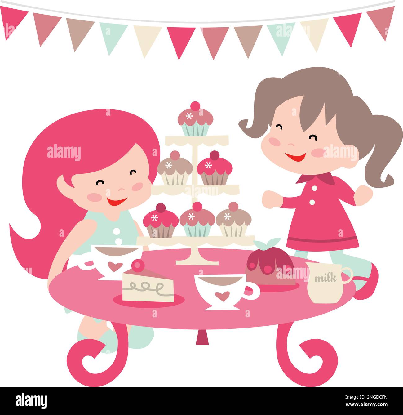 A retro inspired vector illustration of two girls having a tea party ...