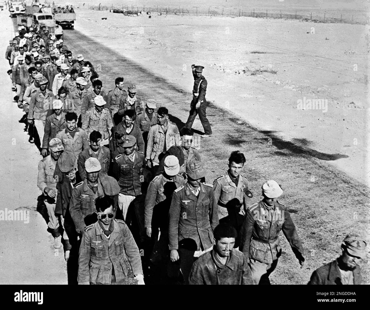 German prisoners of war march along a road in Egypt's Western Desert ...