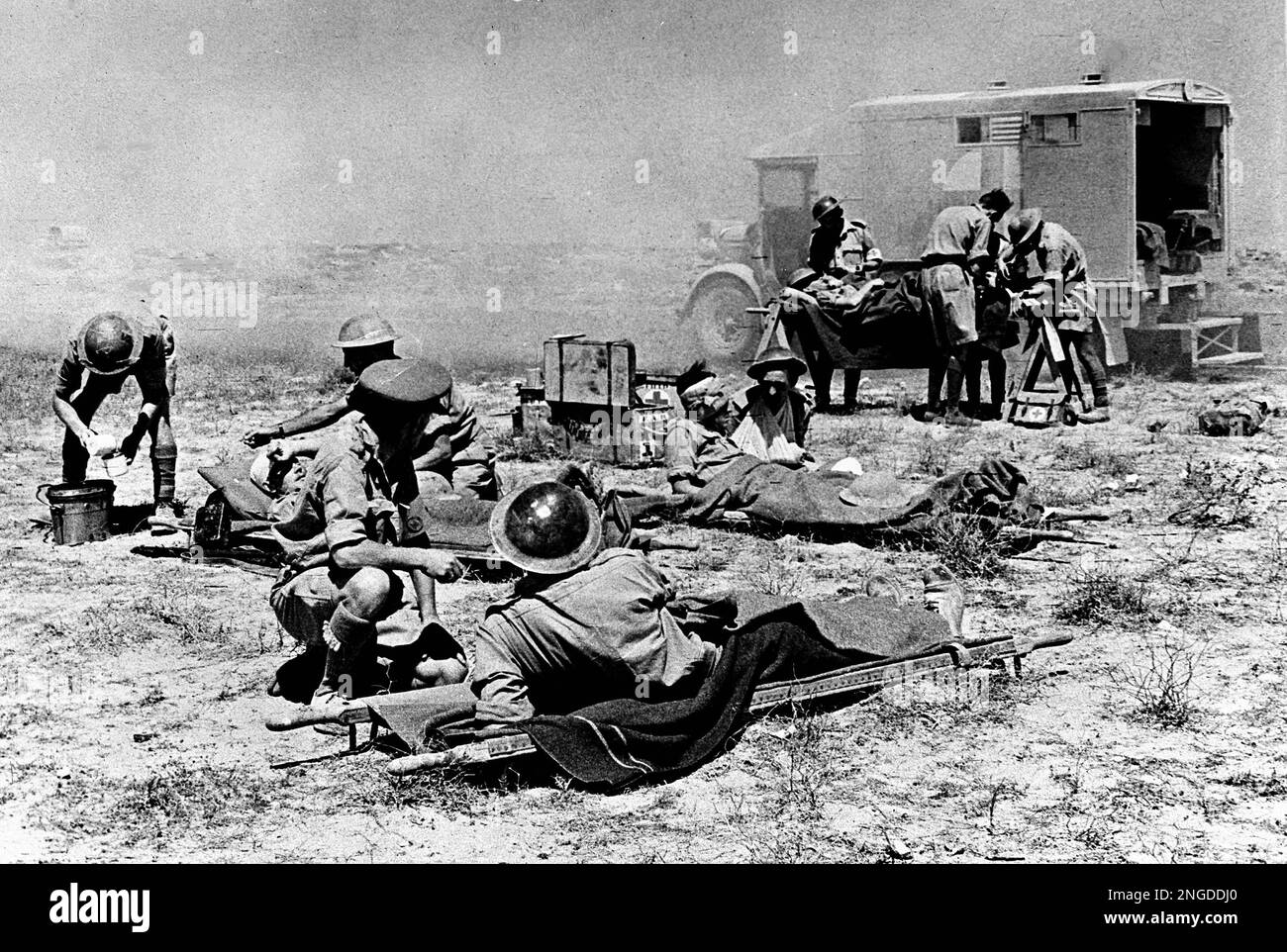 British R.A.M.C. personnel attend to casualties at a field dressing ...