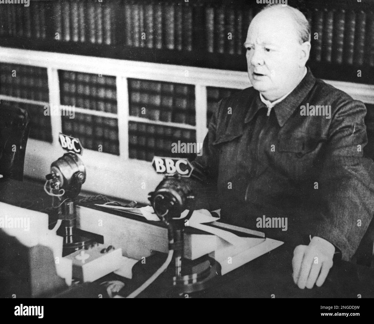 Britain's Prime Minister Winston Churchill makes a radio broadcast at ...