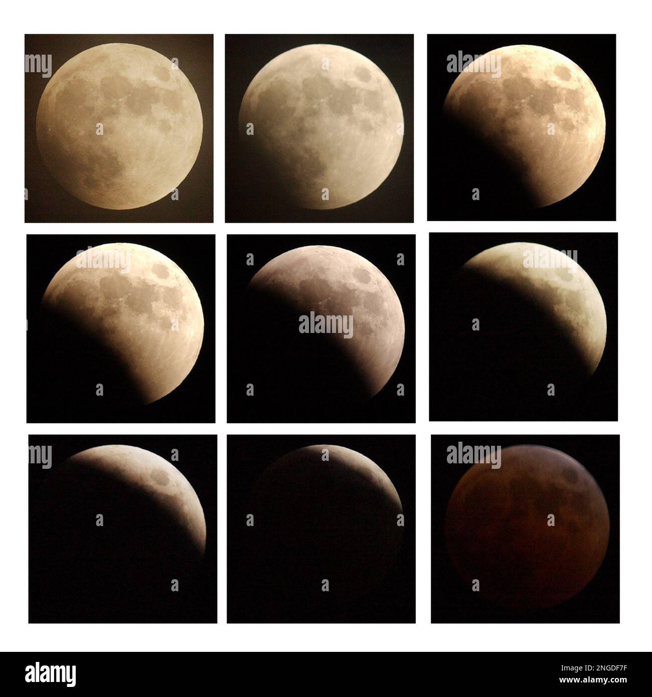 This sequence of photographs shows the total eclipse of the moon over ...