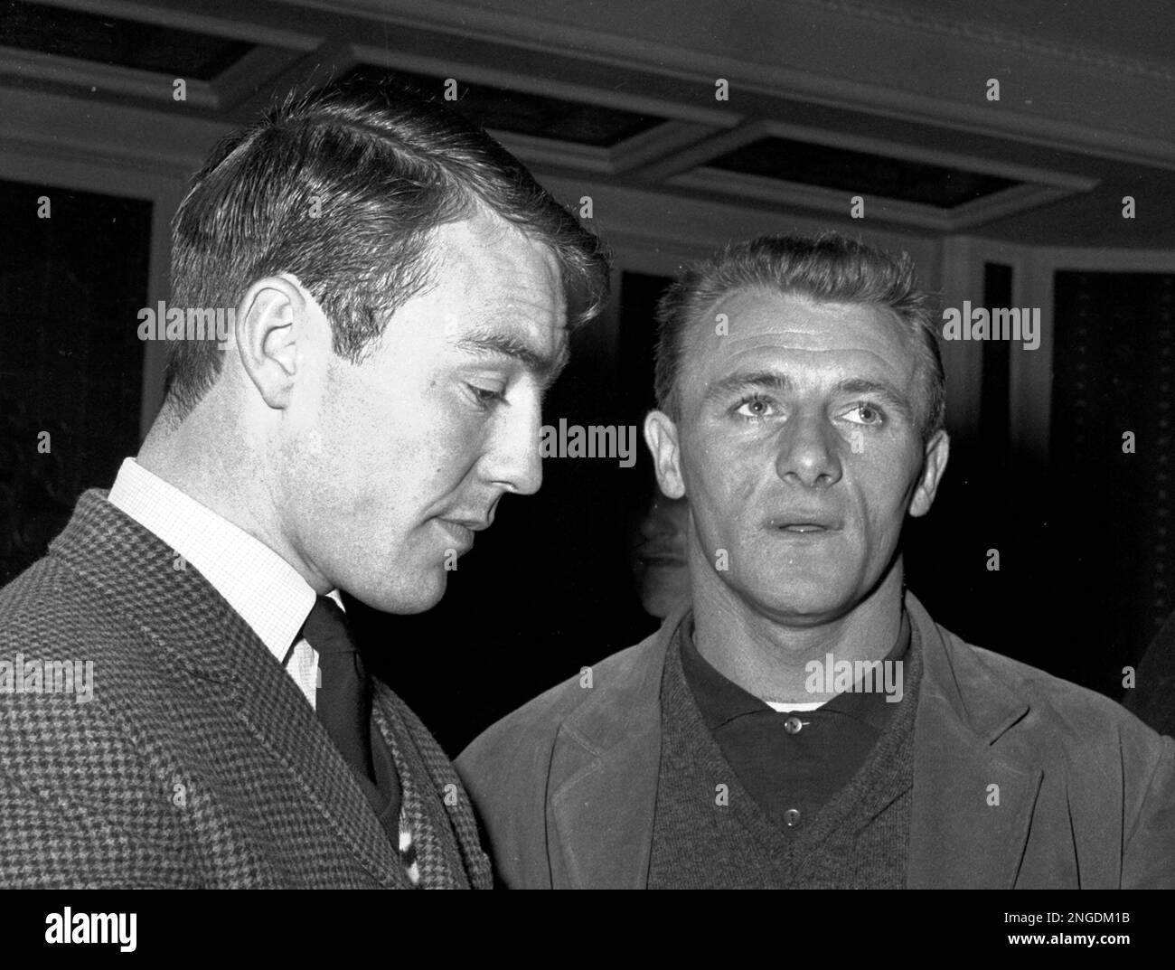 Chelsea footballers Jimmy Greaves, left, and Tommy Docherty meet in the ...