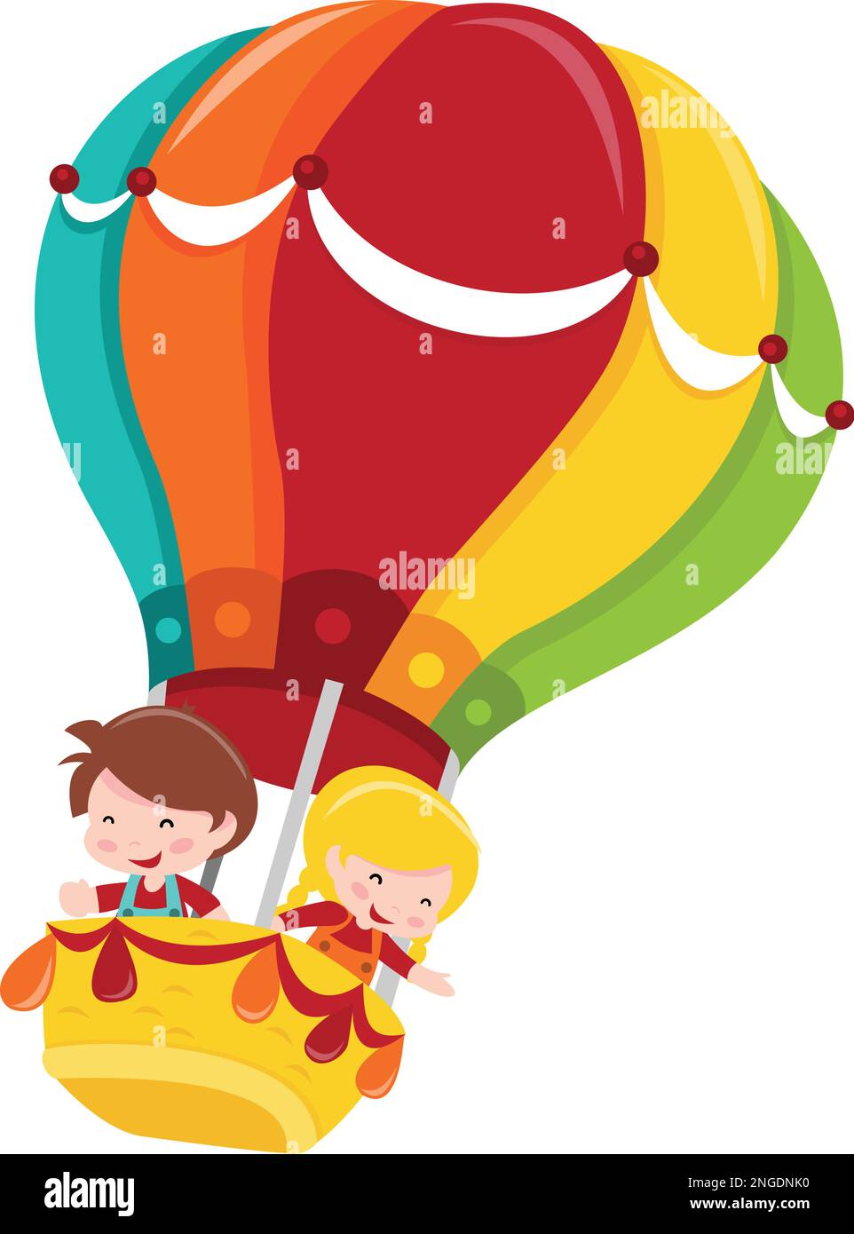 A cartoon vector illustration of two happy kids on a colorful hot air ...
