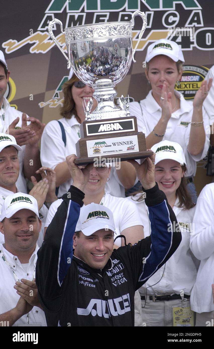Ryan Newman celebrates after winning the NASCAR MBNA America 400 at ...