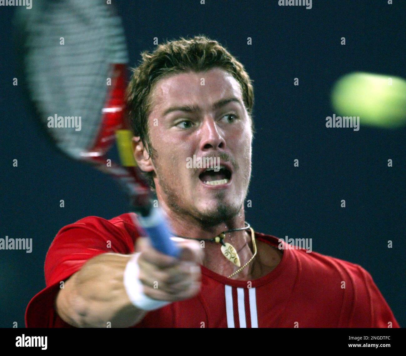 Russias Marat Safin Returning A Ball From Fellow Russian Mikhail Youzhny During The Finals Of