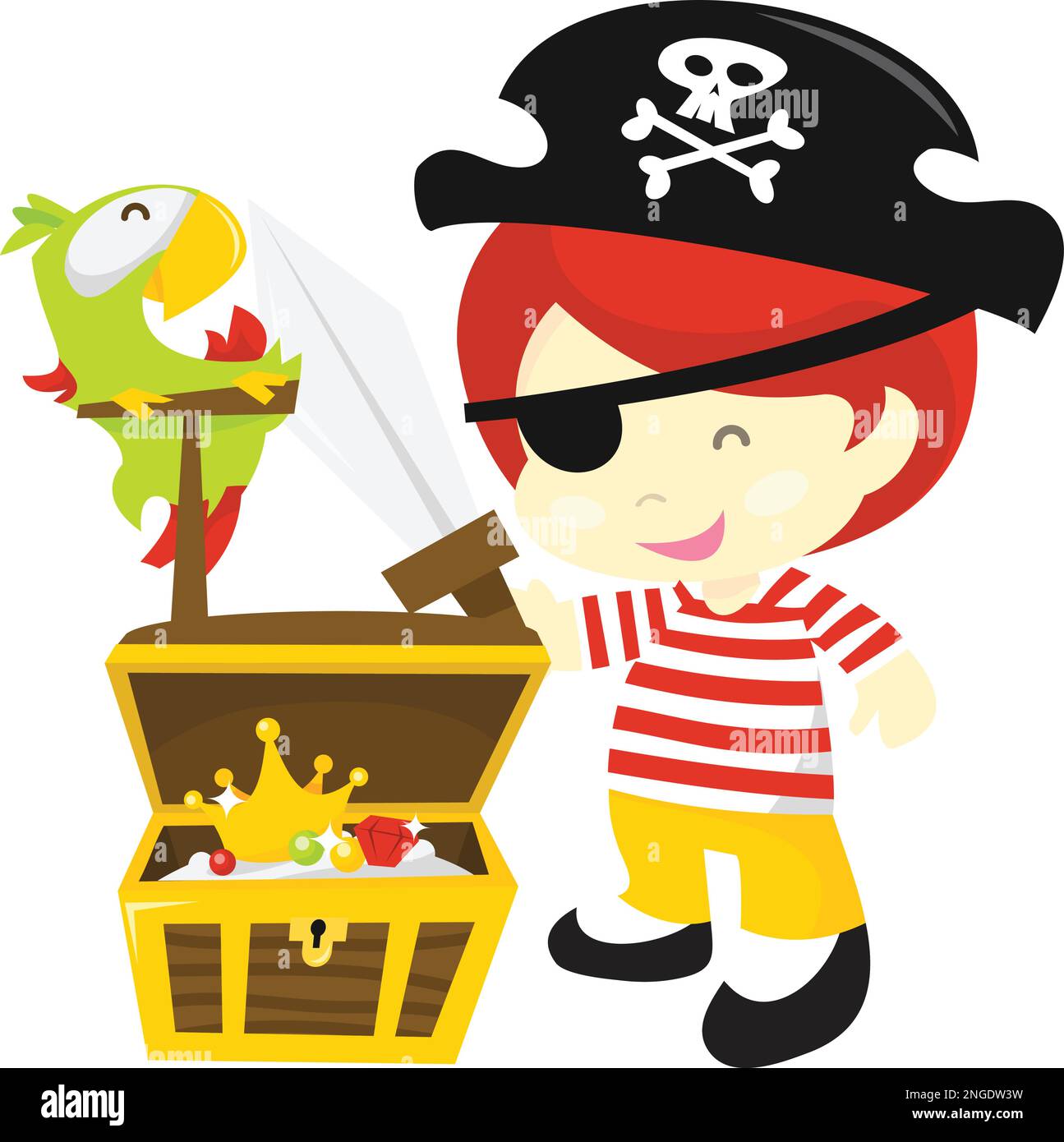 A cartoon vector illustration of a cute pirate boy complete with parrot ...