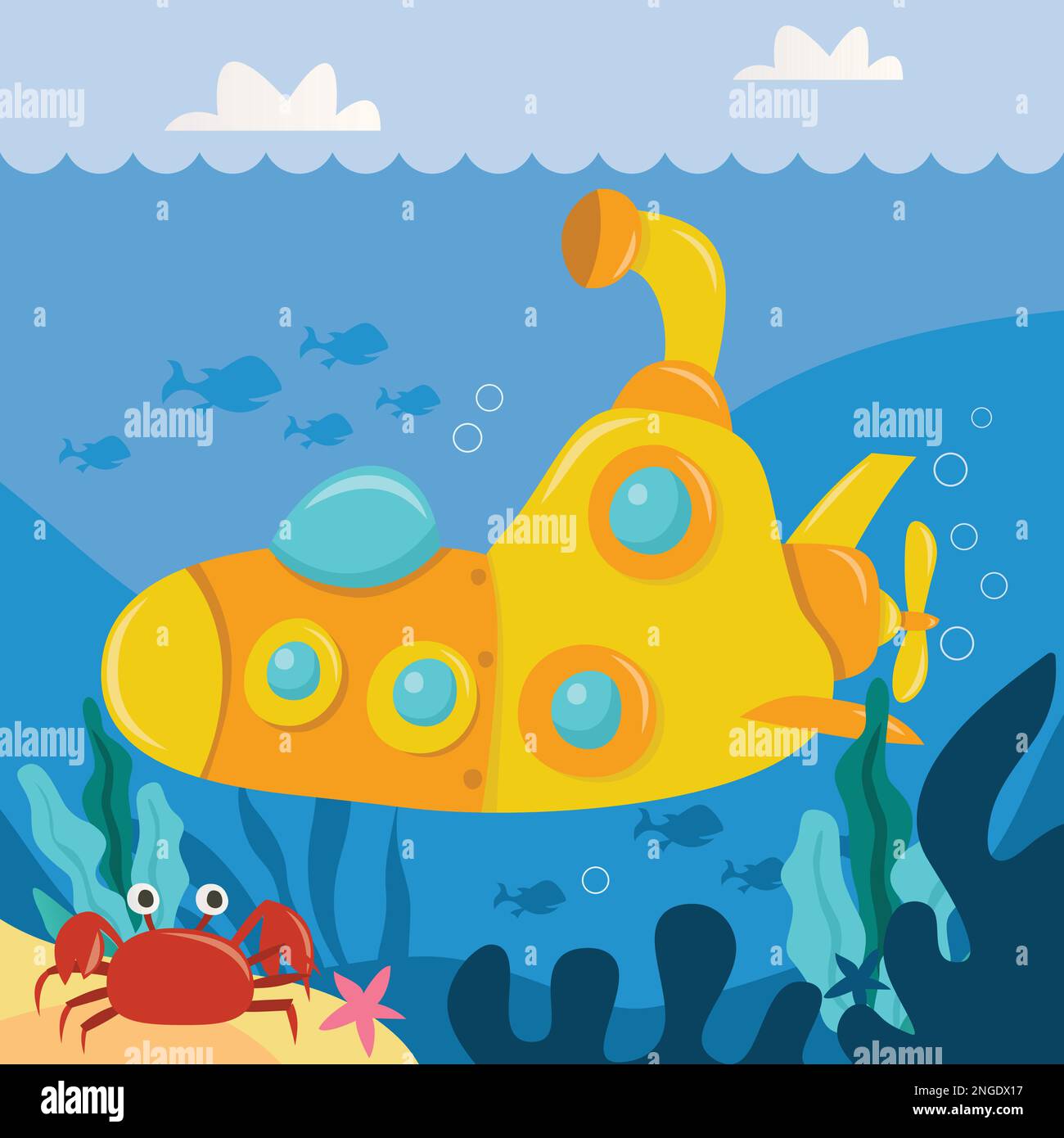 A cartoon vector illustration of a yellow submarine underwater Stock ...