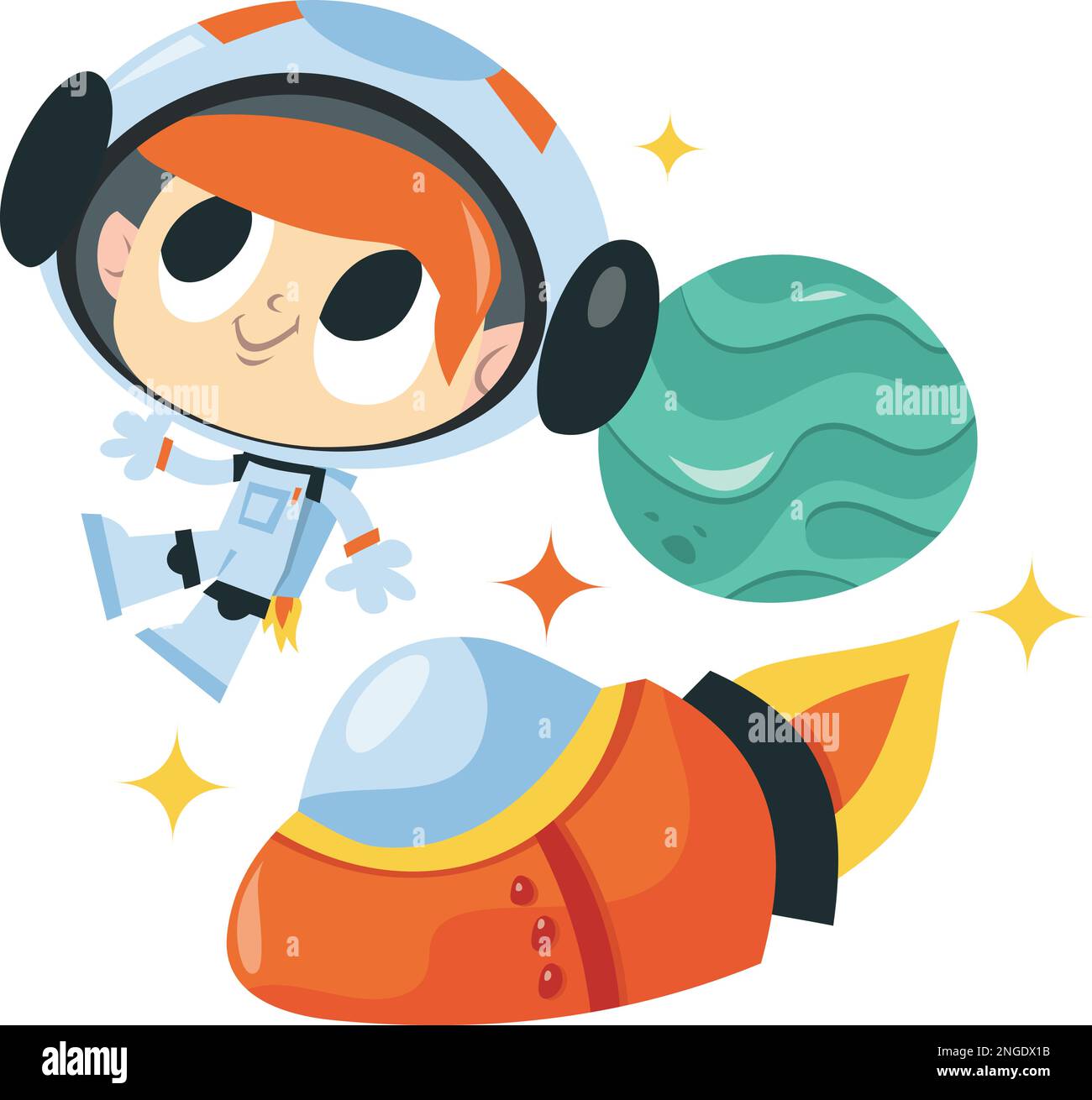 A cartoon vector illustration of a super cute astronaut boy floating in ...
